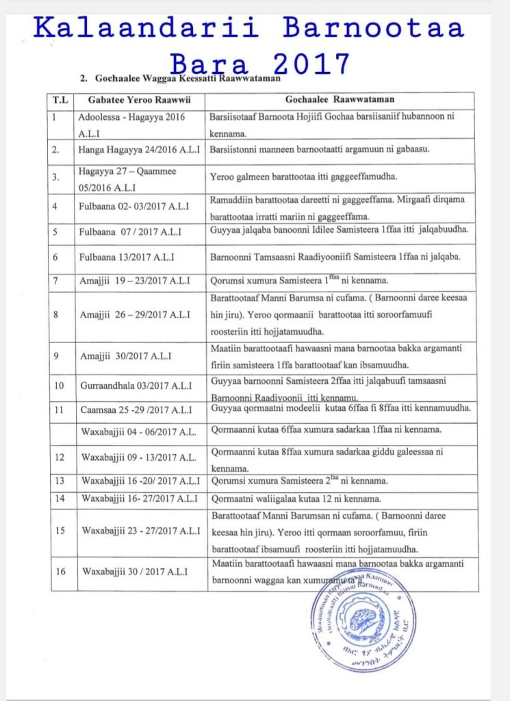 Biiroon Barnootaa Oromiyaa Kalaandarii Barnootaa Bara Barnootaa 2017 ...